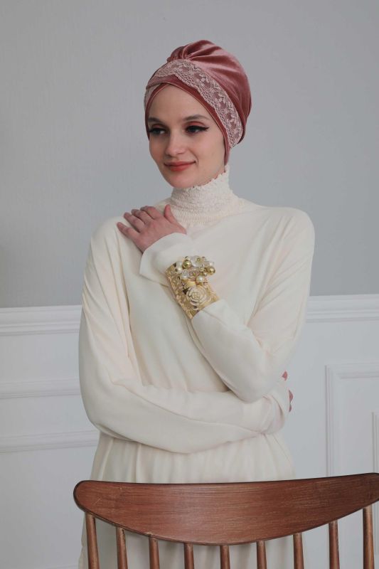 Dantelli Kadife Bone,B-22K Gül Kurusu - modacizgi.com