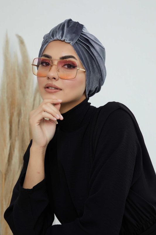 Ön Kemer Detaylı Kadife Bone,B-68K Gri - modacizgi.com